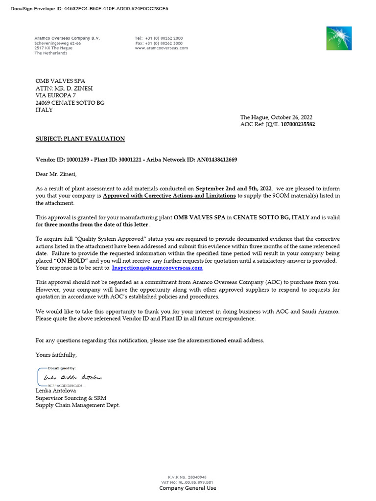 ARAMCO-Approval Letter 9com (Omb) | PDF