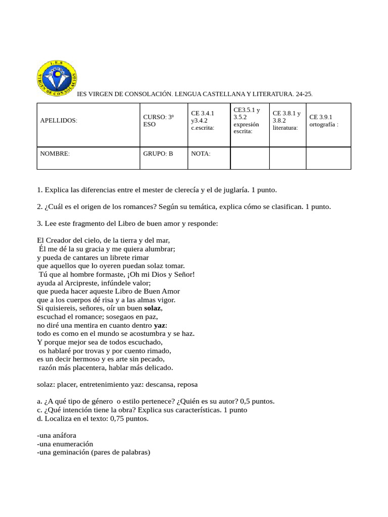 Examen - Litertura Unidad 1 - 3b | PDF