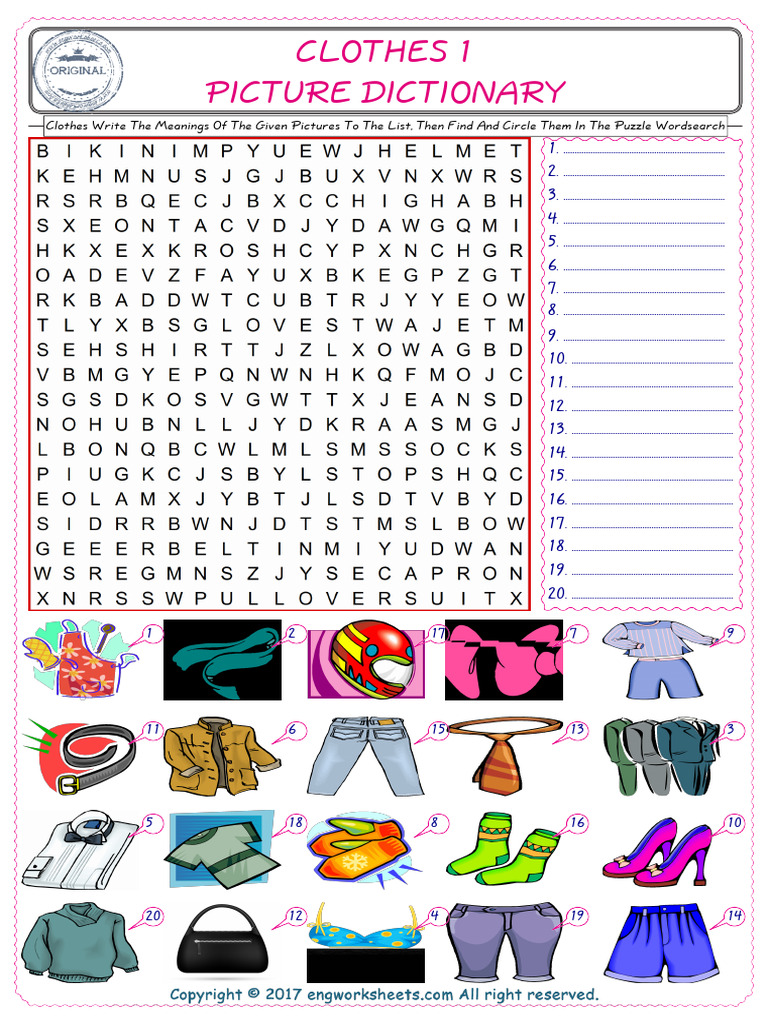 Clothes Write The Meanings of The Given Pictures To The List, Then Find ...