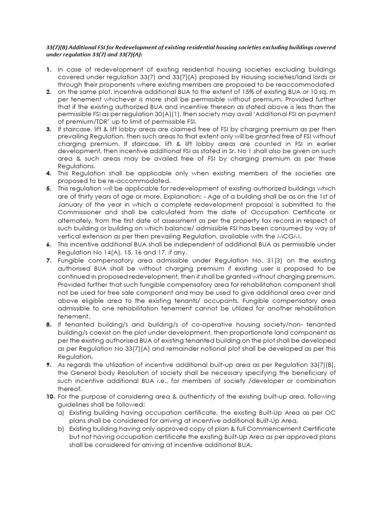 33 (7) (B) Additional FSI For Redevelopment of Existing Residential ...