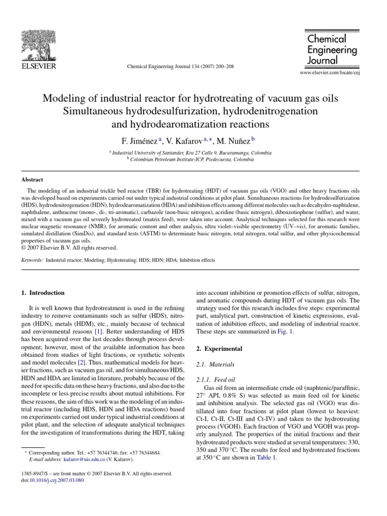 Modeling of industrial reactor for hydrotreating of vacuum gas oils | PDF | Chemical Reactor ...