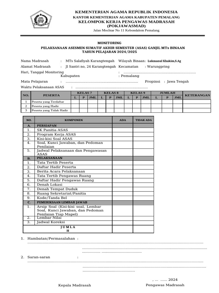 INSTRUMEN MONITORING AAS GANJIL_2024_2025_MTs (1) (1) | PDF