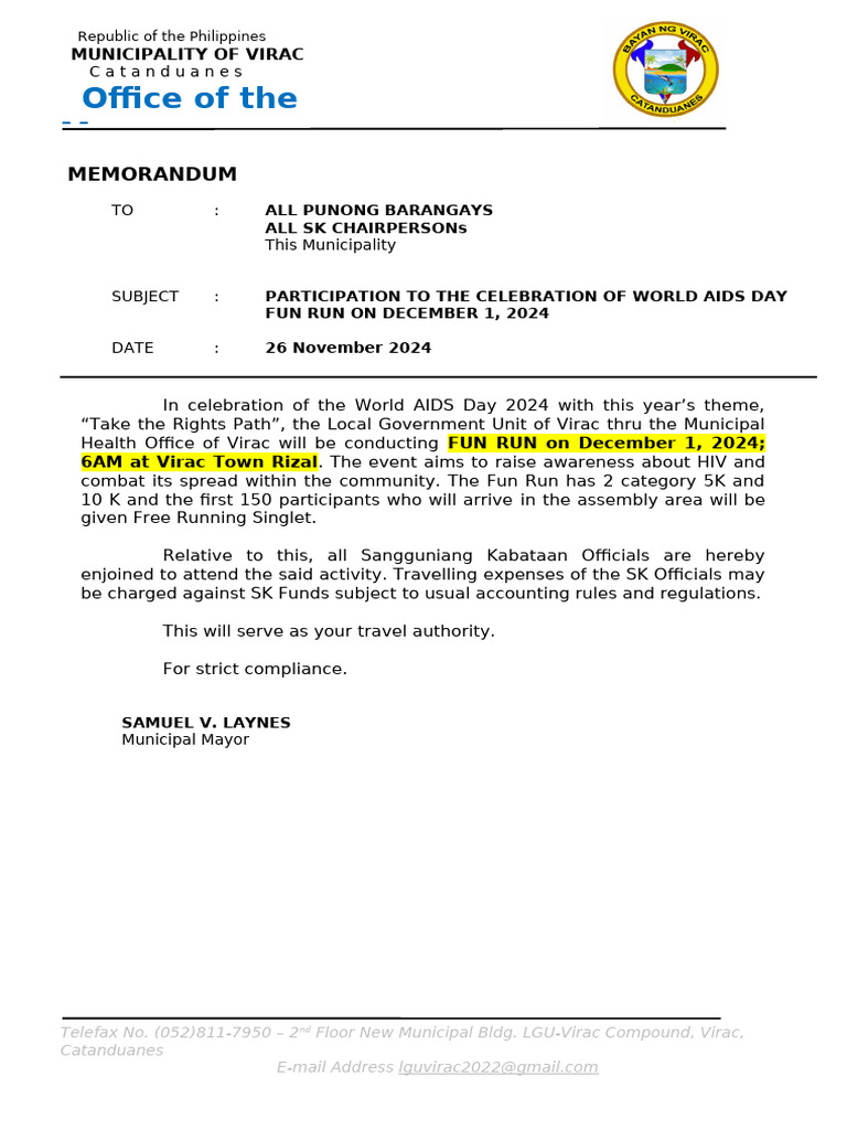 Bims and Hiv Fun Run Memo | PDF | Government