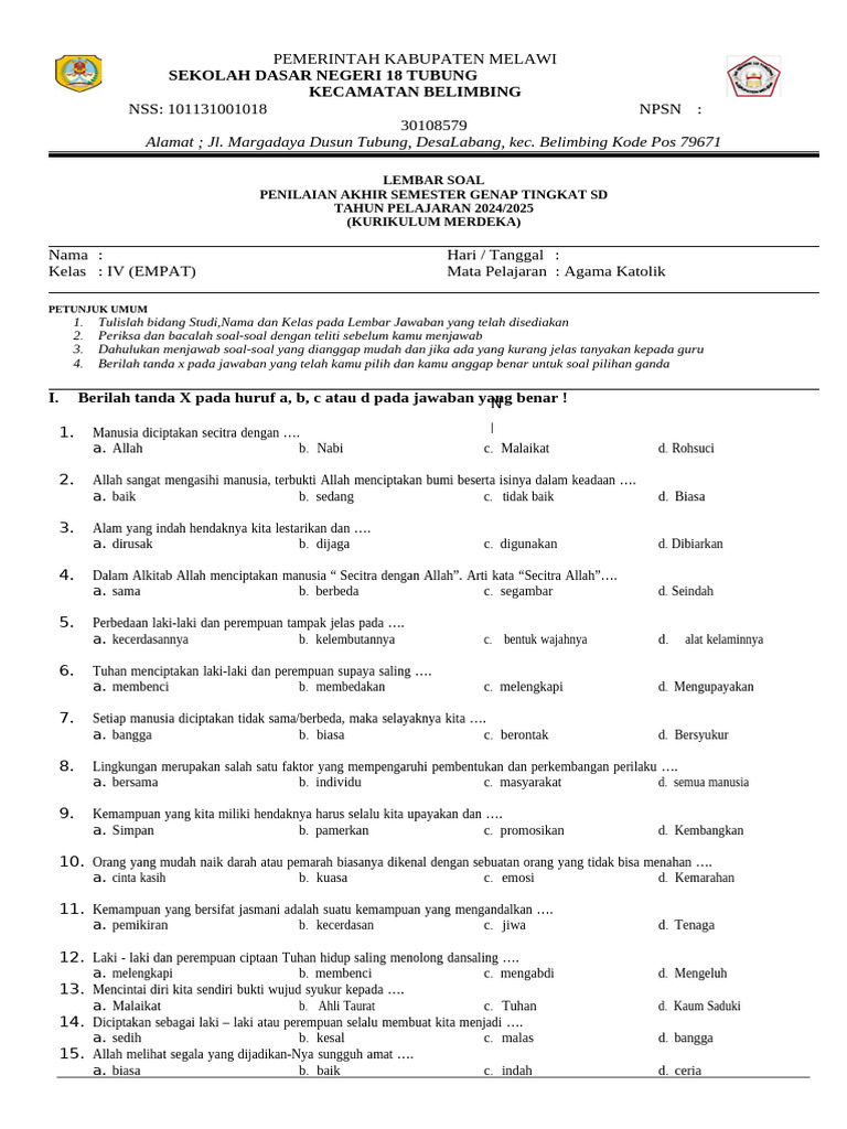 Soal UTS Agama-Katolik-Kelas-4-SD | PDF