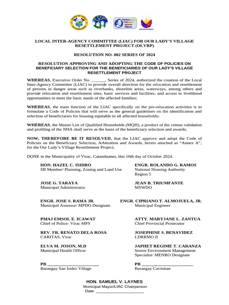 VIRAC - LIAC Reso On Approving The COP | PDF | Government