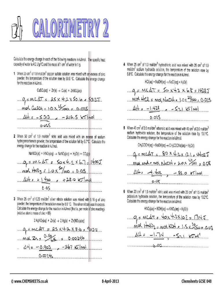 Answers Worksheet 2-Calorimetry-2 | PDF