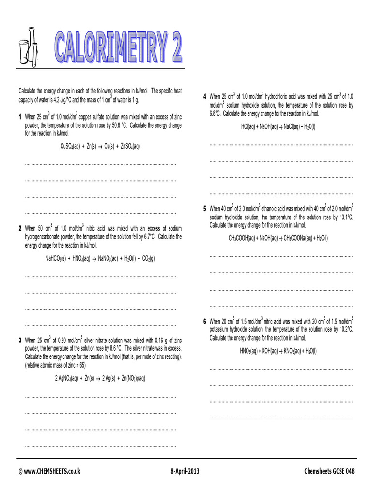 Worksheet 2-Calorimetry-2 | PDF | Sodium Hydroxide | Nitric Acid