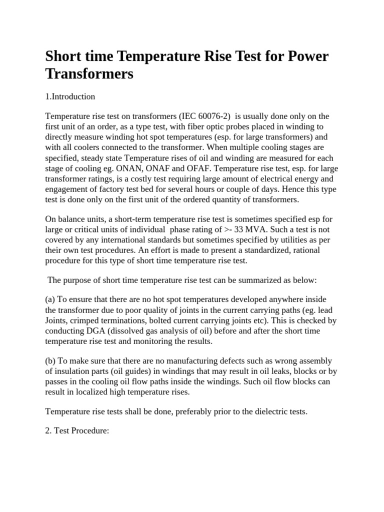 Short Time Temperature Rise Test for Transformers | PDF | Transformer ...