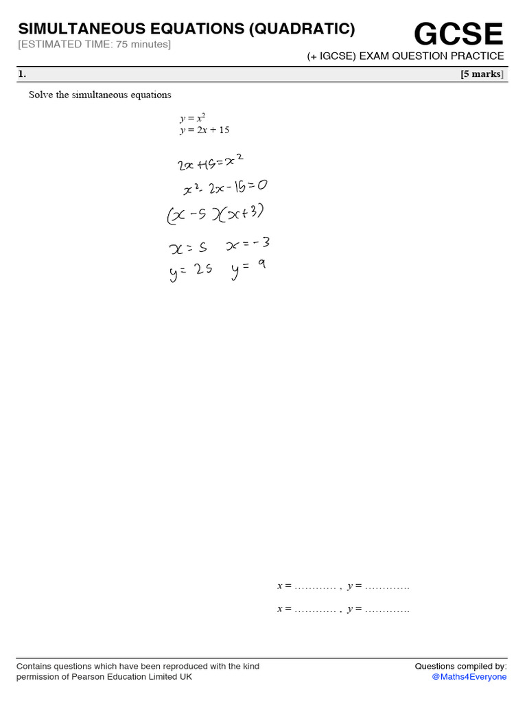 GCSE Simultaneous Quadratic Equations | PDF | Algebra | Mathematics