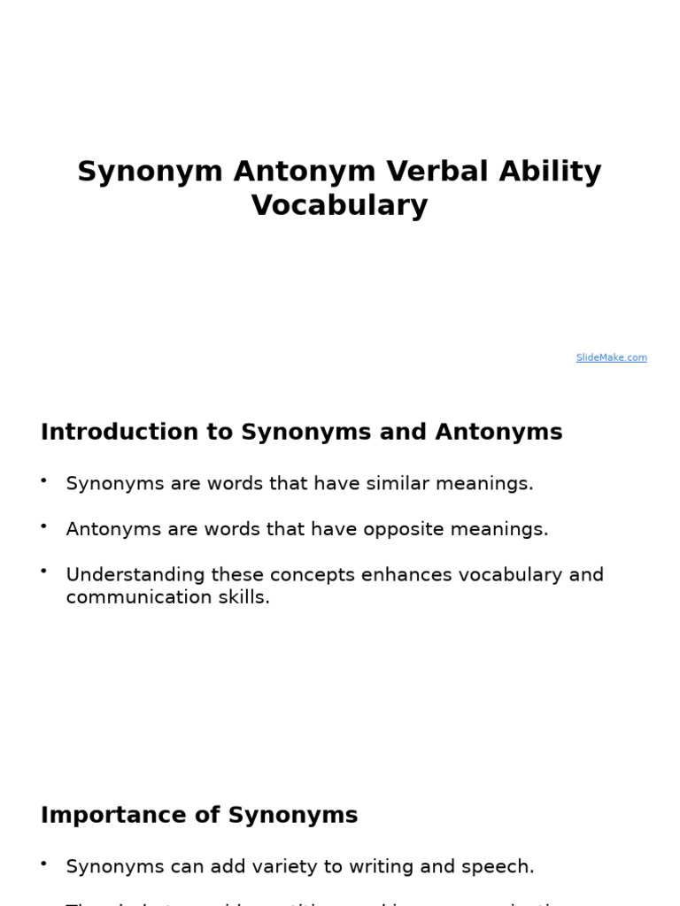 Synonym Antonym Verbal Ability Vocabulary | PDF