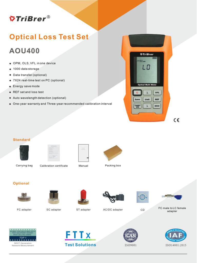 AOU400 Optical Loss Test Set | PDF | Power Supply | Calibration