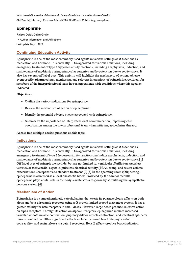 Epinephrine - StatPearls - NCBI Bookshelf | PDF | Medical Specialties ...