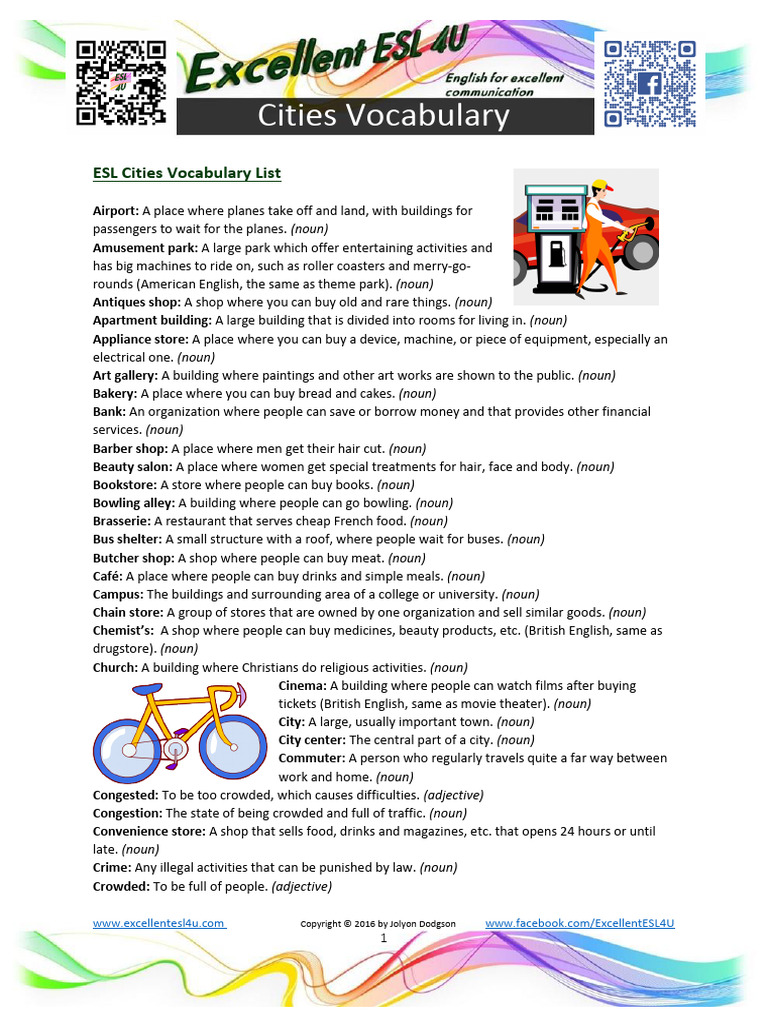 ESL Cities Vocabulary Worksheet | PDF | Road | Filling Station