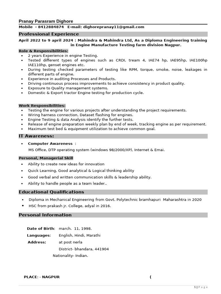 Engine Testing Specialist Resume | PDF