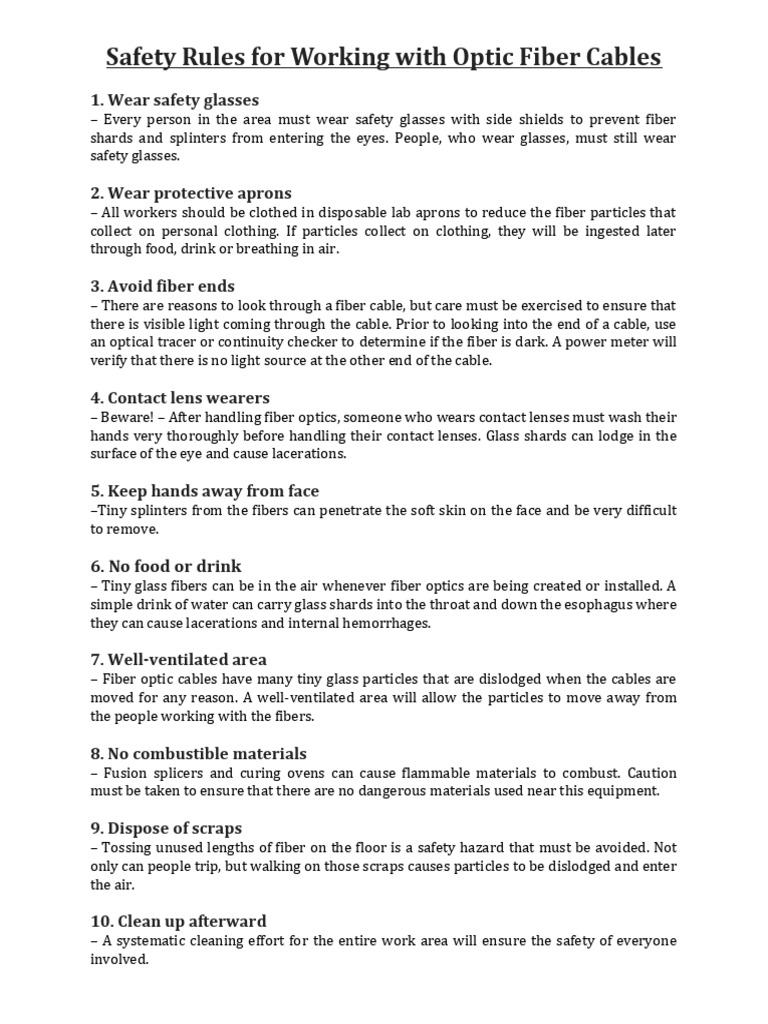 Safety Rules For Working With Optic Fiber Cables | PDF