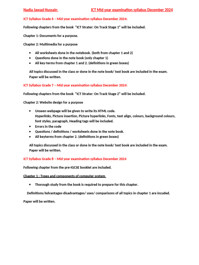Ict Syllabus Mid Year Examination December 2024 Pdf