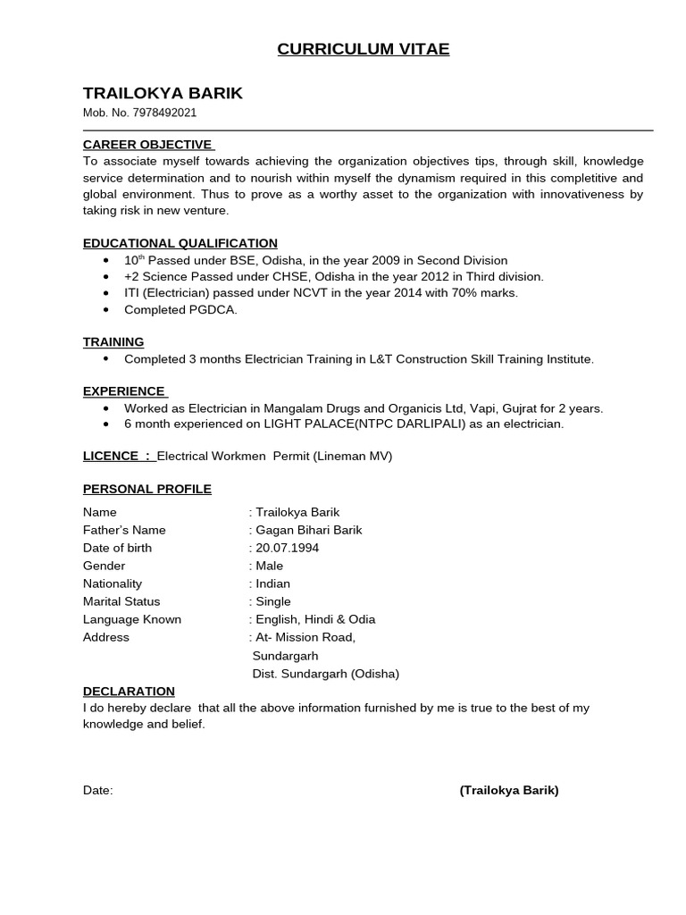 Curriculum Vitae Trailokya Barik: Career Objective | PDF