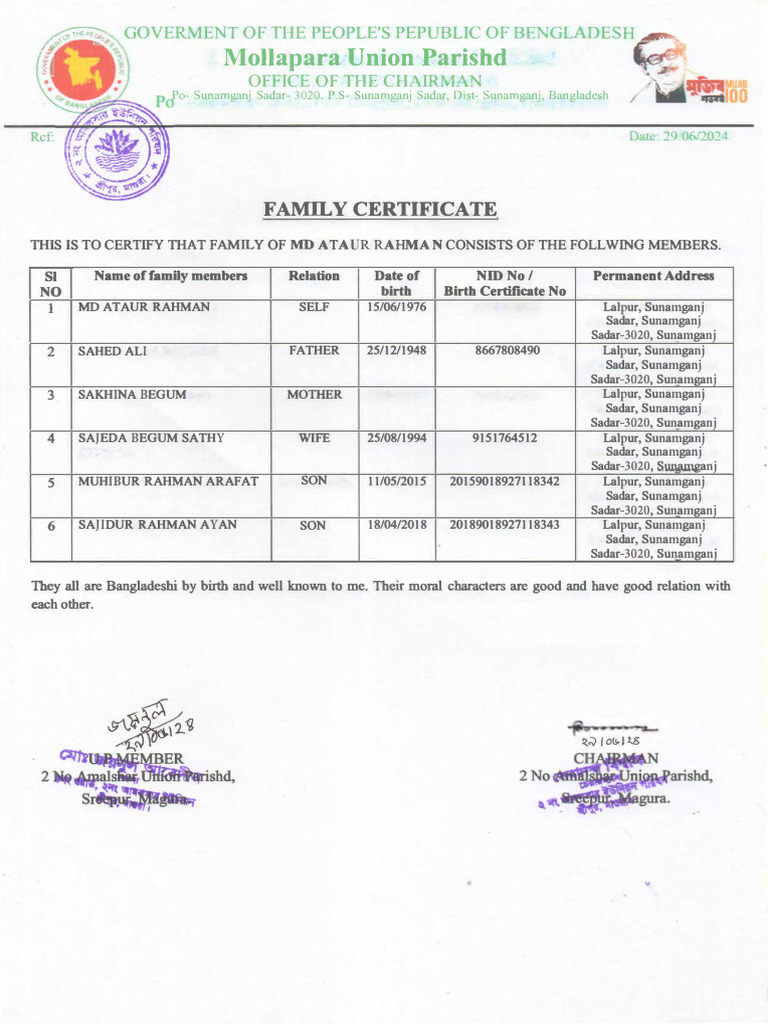 family certificate | PDF | Bengal | Bangladesh