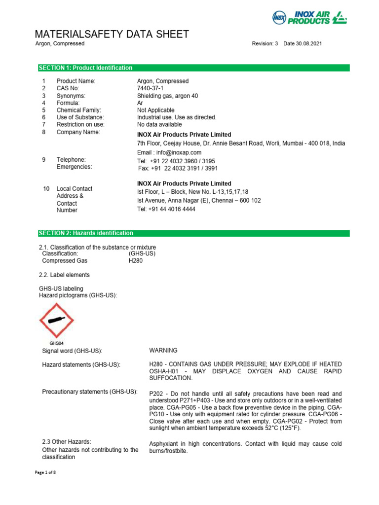 MSDS Gaseous Argon | PDF | Toxicity | Firefighting