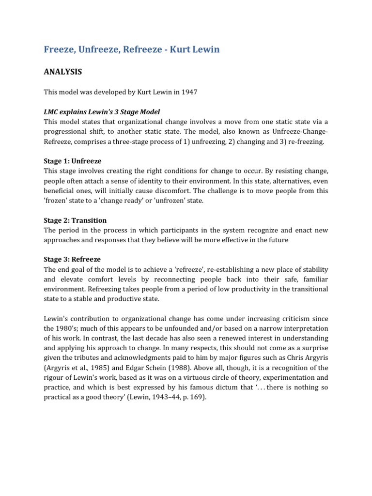 Lewin's Change Model: Unfreeze-Change-Refreeze | PDF | Career & Growth ...
