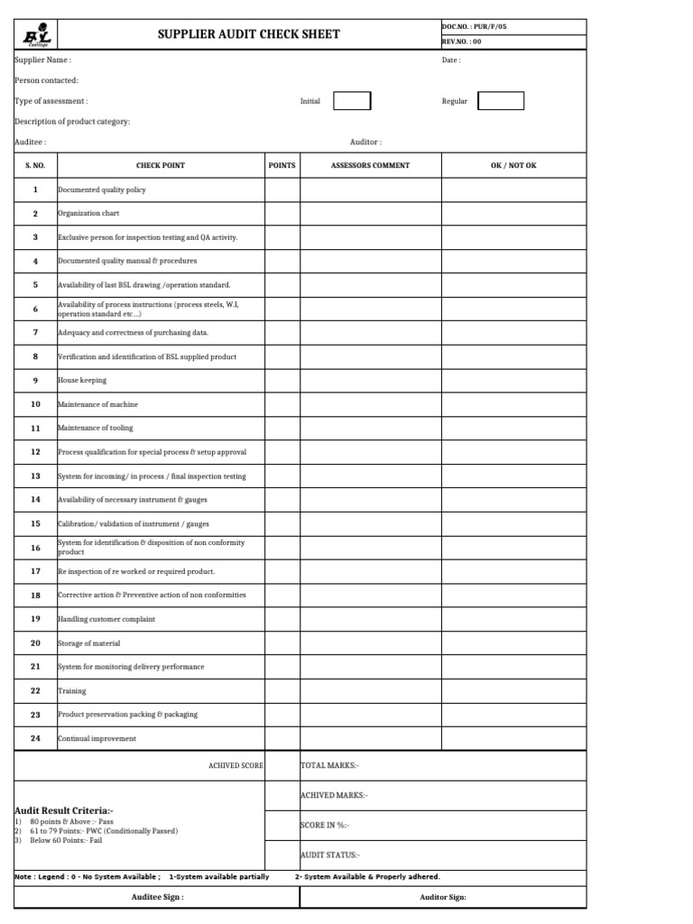 Pur-F-05 Supplier Audit Check Sheet | PDF | Audit | Business
