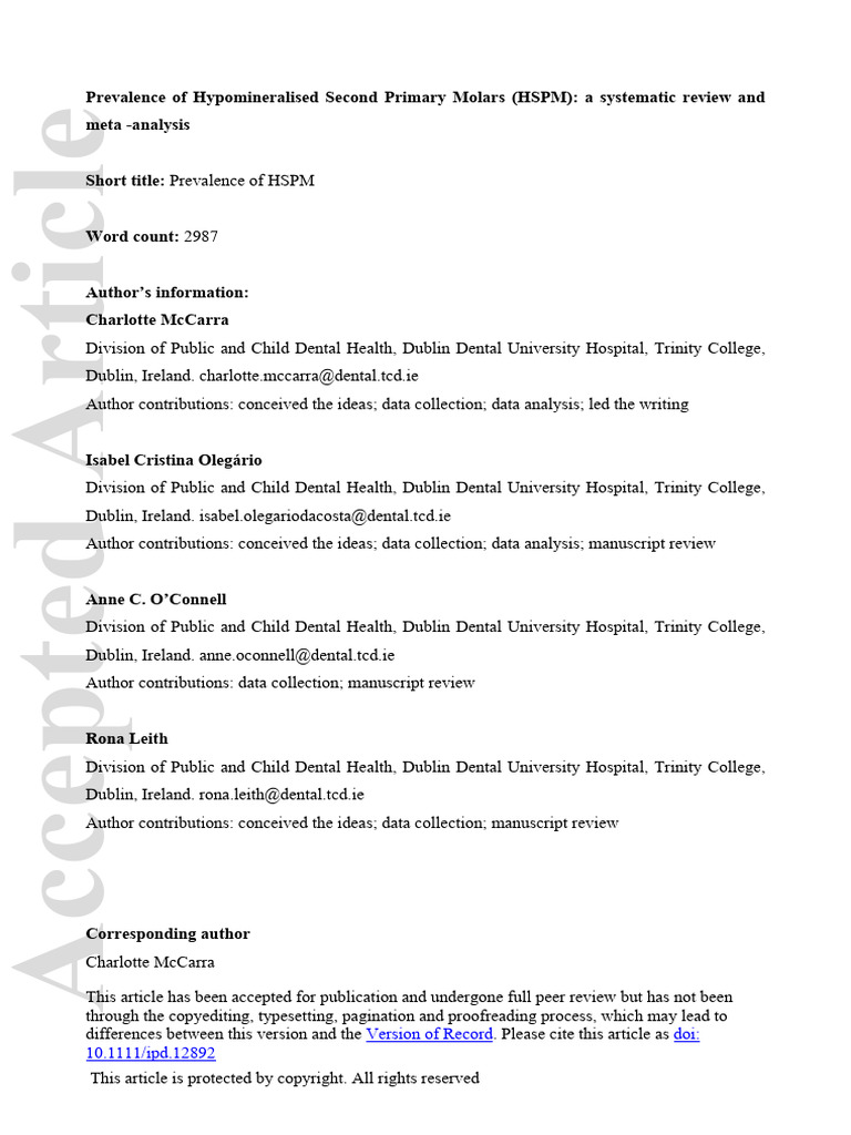 Prevalence of Hypomineralised Second Primary Molars (HSPM) | PDF ...