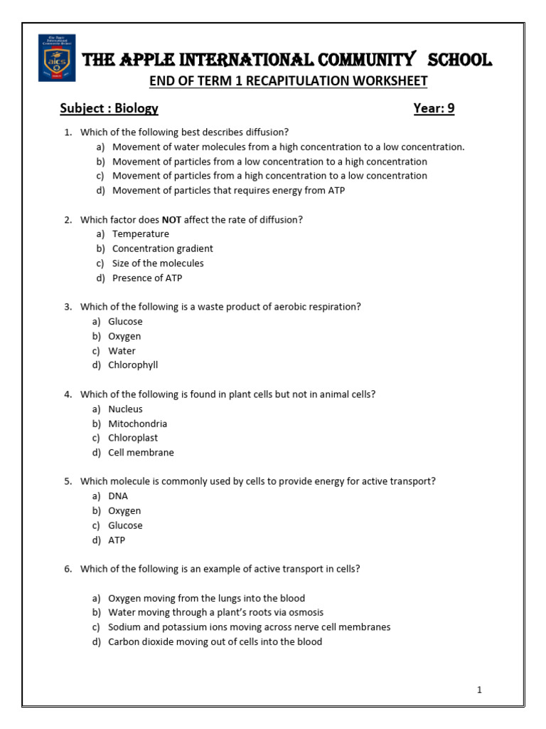 Biology-EOT 1 Recap WS-Y9 | PDF | Cell (Biology) | Cellular Respiration