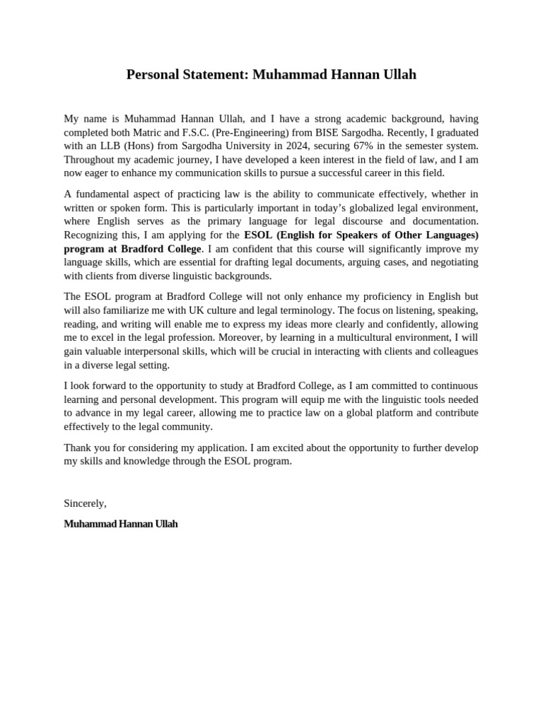 Muhammad Hannan Ullah's ESOL Application | PDF
