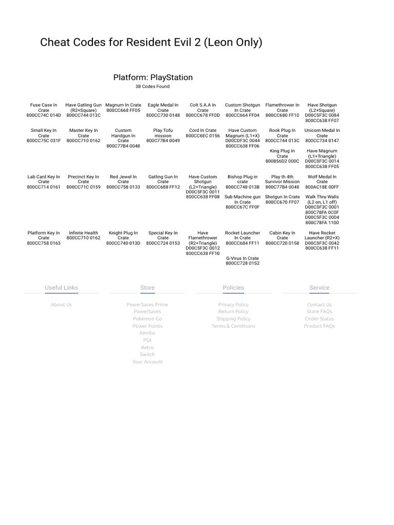 Cheat Codes for Resident Evil 2 (Leon Only) on PlayStation - Codejunkies | PDF | Firearms ...