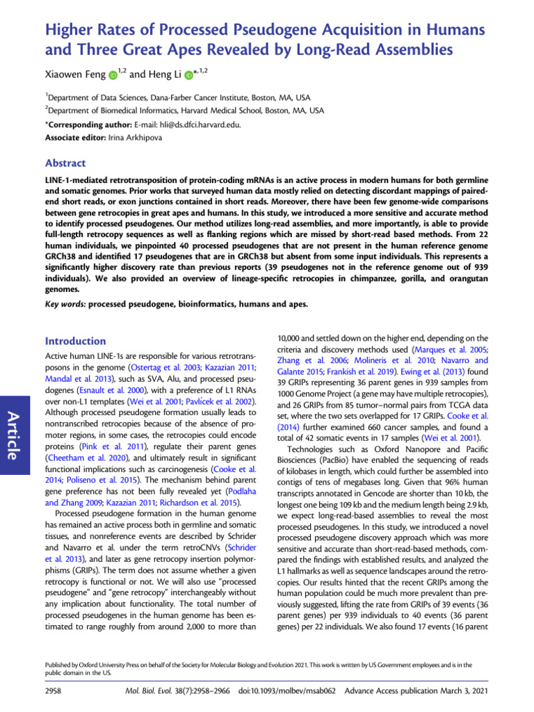 2021mol Bio Higher Rates of Processed Pseudogene Acquisition in Humans ...