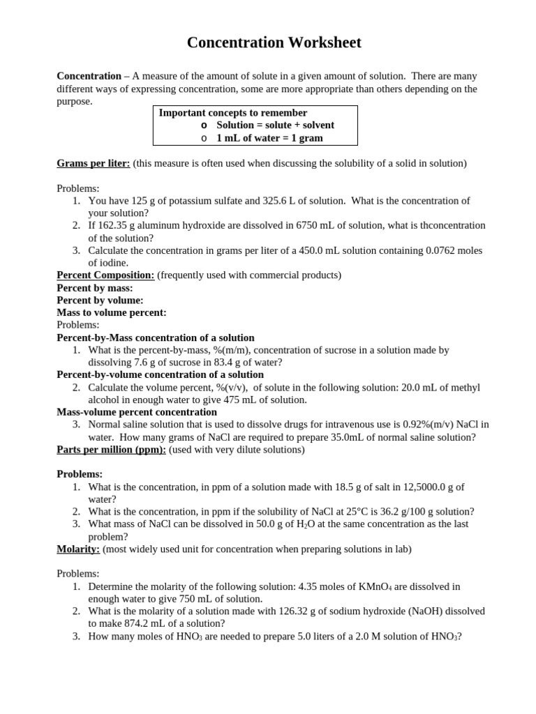 8188concentrations Worksheet | PDF | Concentration | Solubility