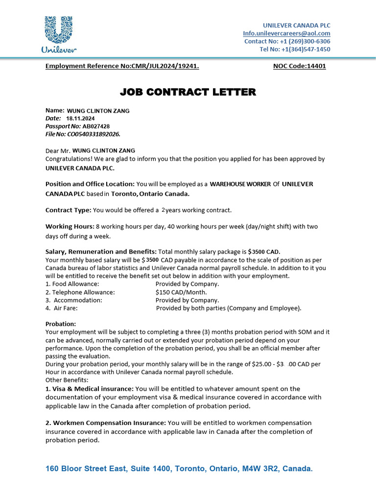 Wung Clinton Work Contrat | PDF | Employment | Salary