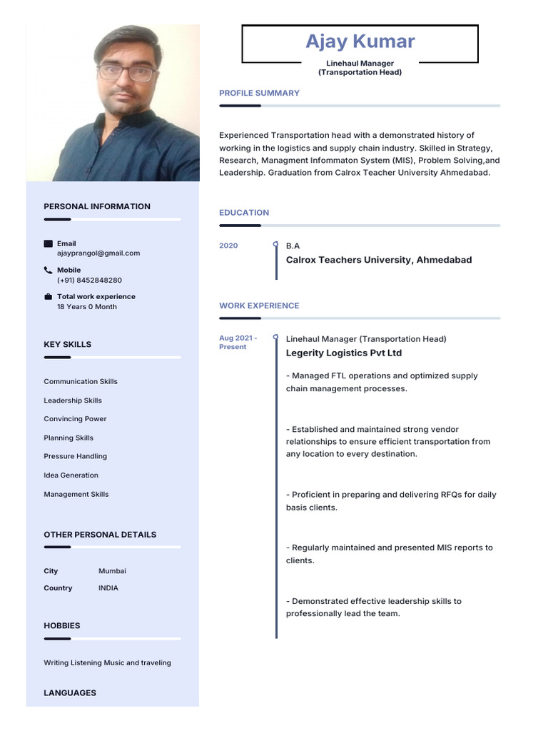 Ajay Kumar CV | PDF | Business | Transport