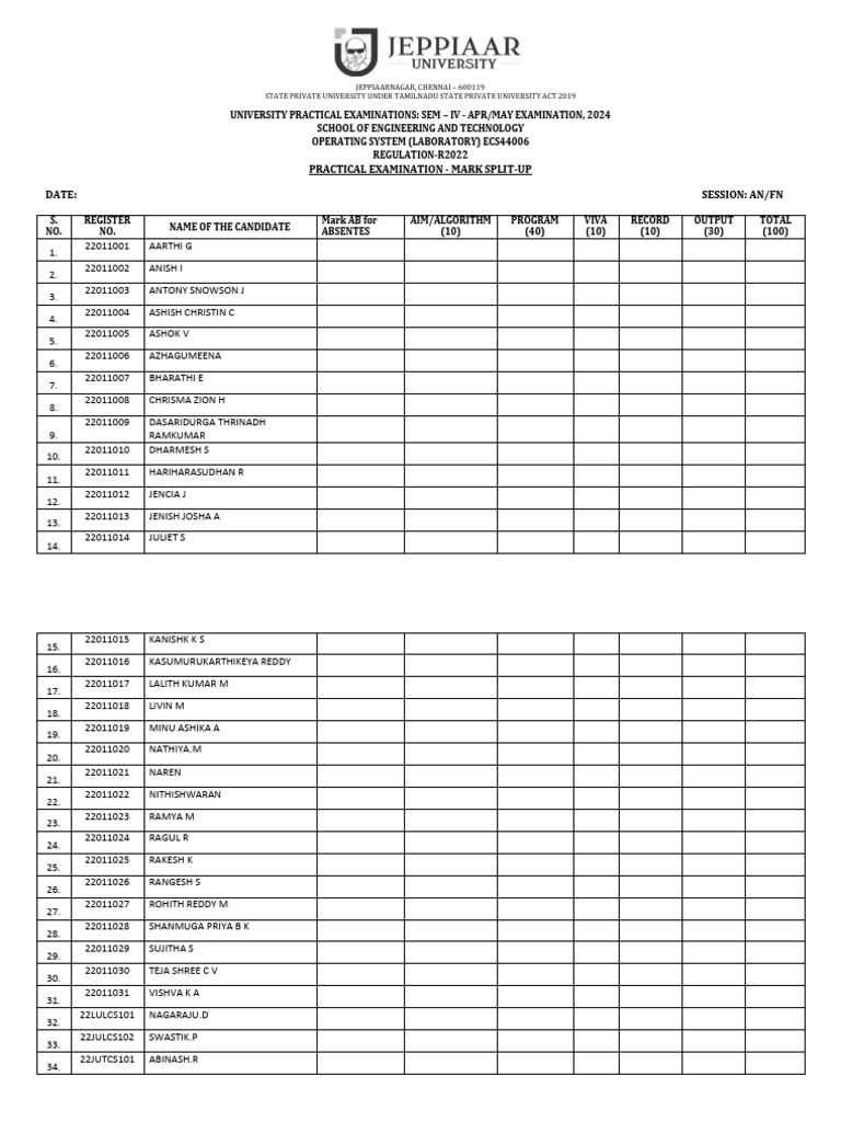 ECS44006 UNIVERSITYLAB (OS LAB) Splitup Mark - (B.TECH-CSE, AIML, DS) | PDF | Science | Engineering