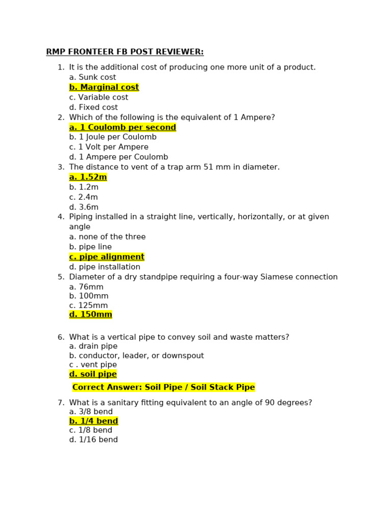 RMP Fronteer FB Reviewer Questions | PDF | Plumbing | Water Purification