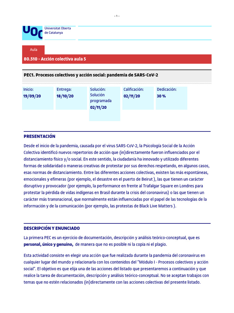 PEC 1 ENUNCIADO - ACCION COLECTIVA | PDF | Comportamiento