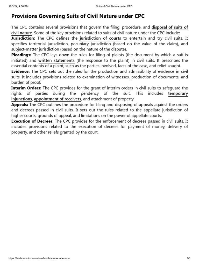 Suits of Civil Nature under CPC4 | PDF