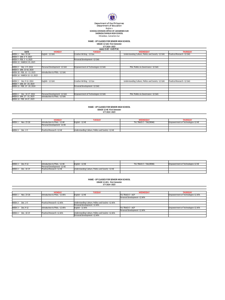 Schedule of Shs Make - Up Class | PDF