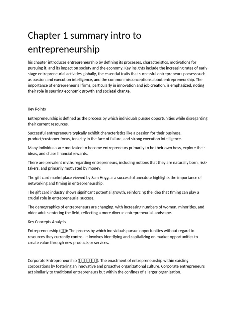 Chapter 1 summary intro to entrepreneurship | PDF | Entrepreneurship ...