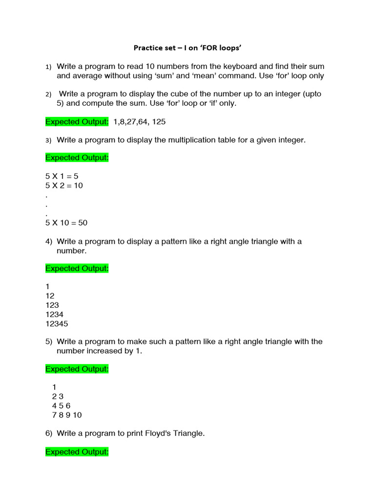 Practice Set 1 Loops Using For Loops Pdf