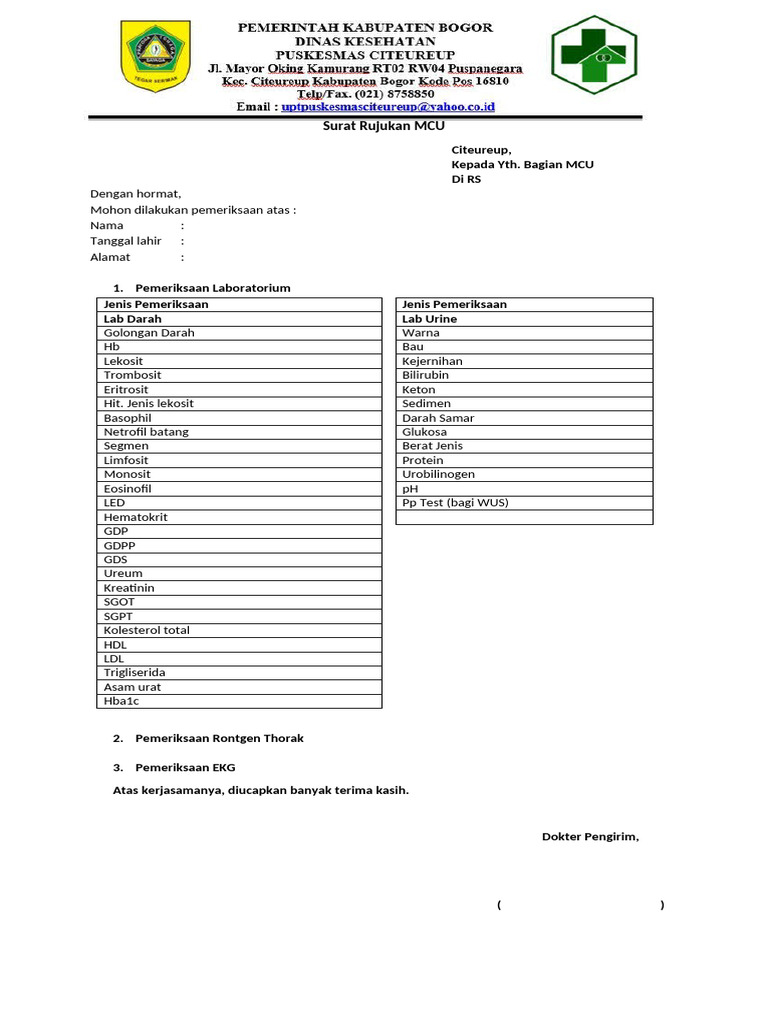 Pemeriksaan MCU: Lab, Rontgen, EKG | PDF