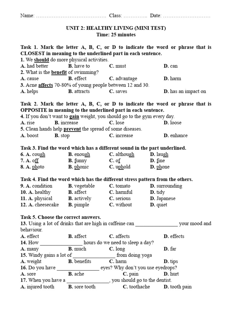 Unit 2-Healthy Living-Test | PDF | Determinants Of Health