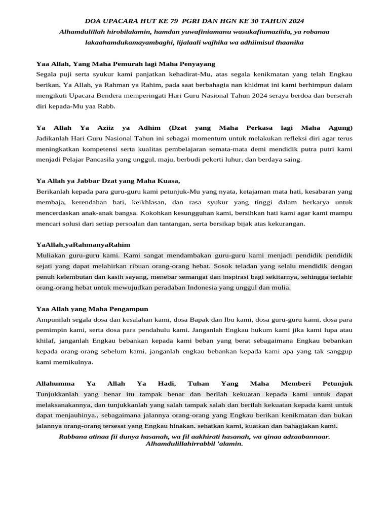 Doa Upacara Hut Ke 79 Pgri Dan HGN Ke 30 Tahun 2024 | PDF