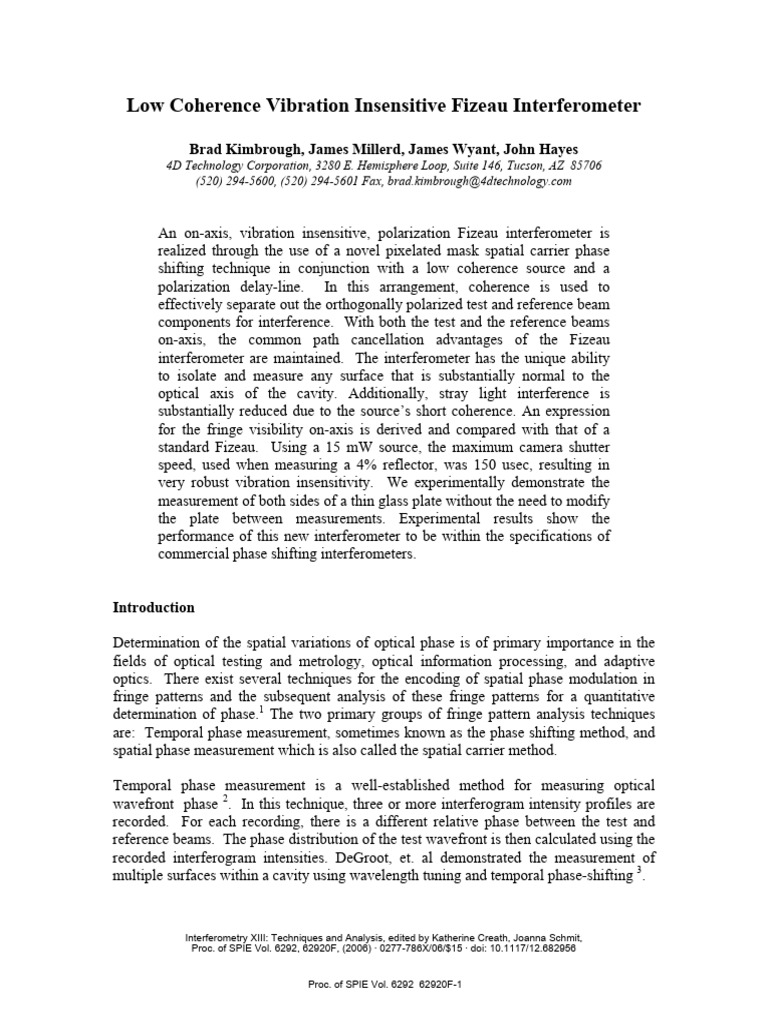 Low Coherence Vibration Insensitive Fizeau Interferometert | PDF | Interferometry | Coherence ...