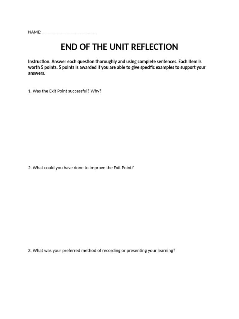 Unit Reflection Questions Guide | PDF