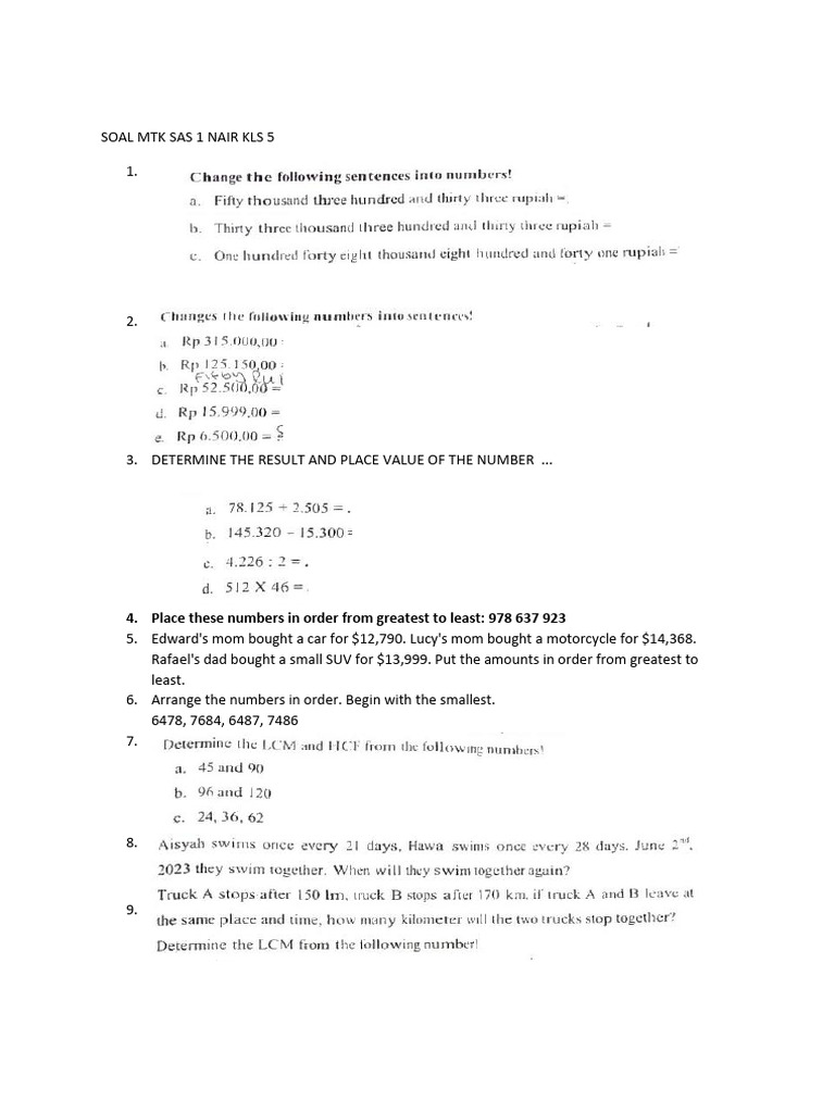 Soal MTK Sas 1 KLS 5 | PDF