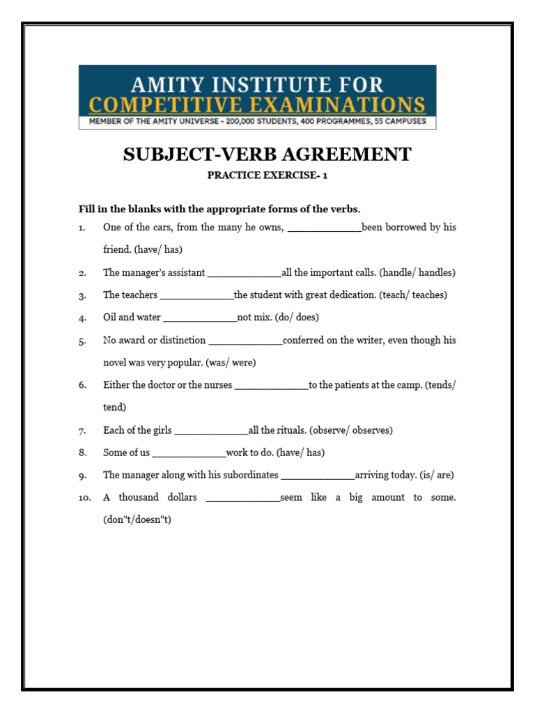 Subject verb agreement Practice Exercise Updated | PDF | Greek ...