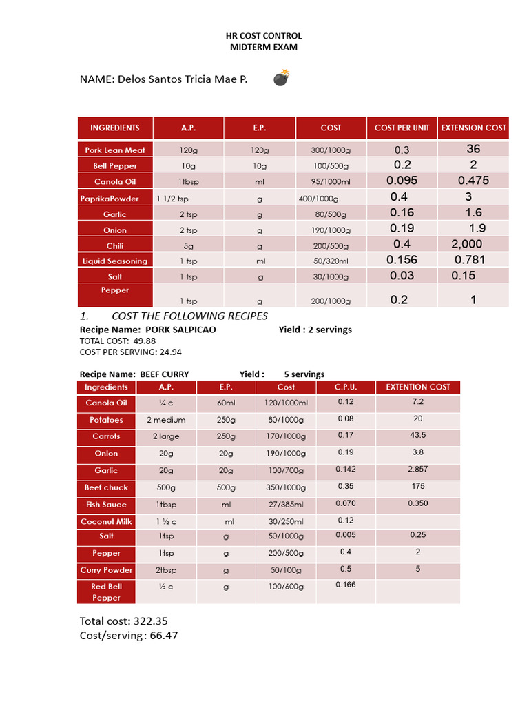 FB Cost Control Midterm A | PDF | Curry | European Cuisine