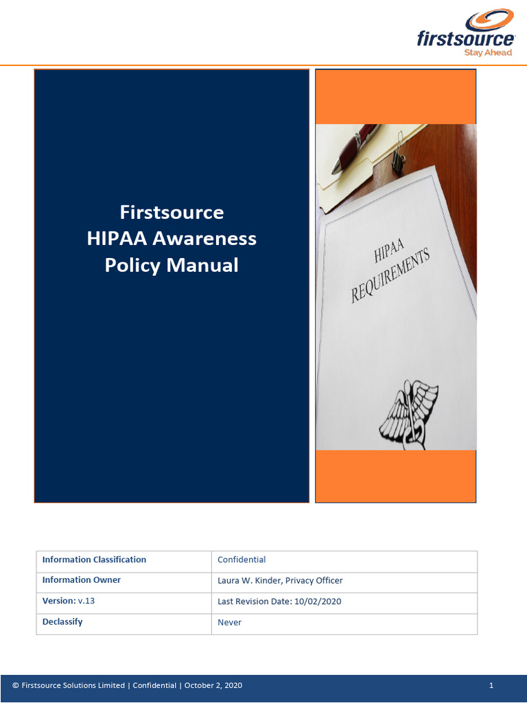 Firstsource-Group-USA-HIPAA-Policy-Manual-02Oct20 | PDF | Health ...