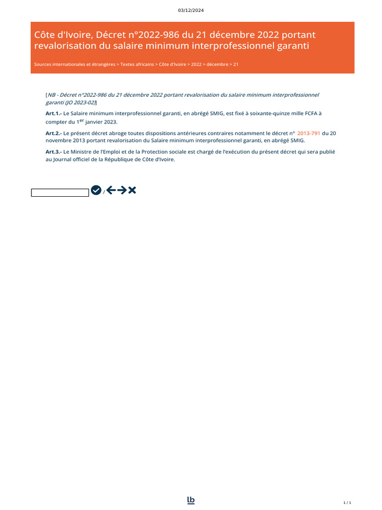 Revalorisation du SMIG en Côte d'Ivoire 2023 | PDF